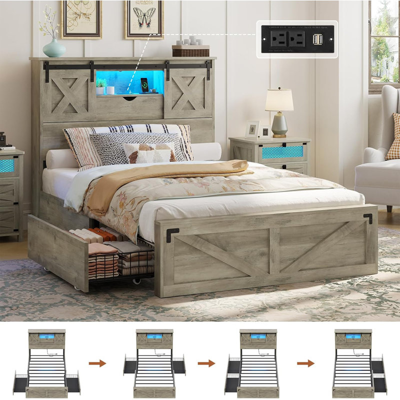 Wrought Studio Farmhouse Bed Frame Twin Size With Led Lights And Charging Station Wooden Platform Twin Bed With 2 Storage Drawers Rustic Accent Headboard With Sliding Barn Door Storage Cabinets Wayfai...